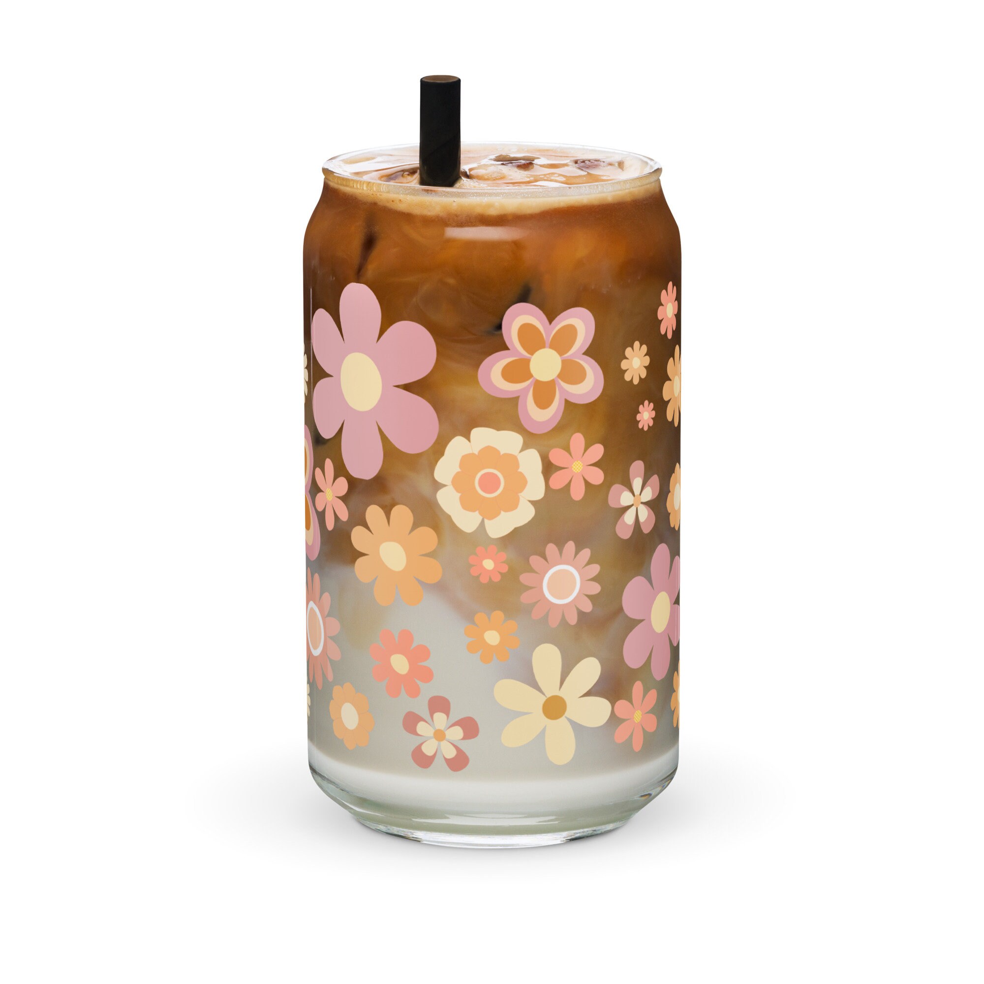 Retro Flowers Can-shaped Glass With Lid and Straw - Etsy