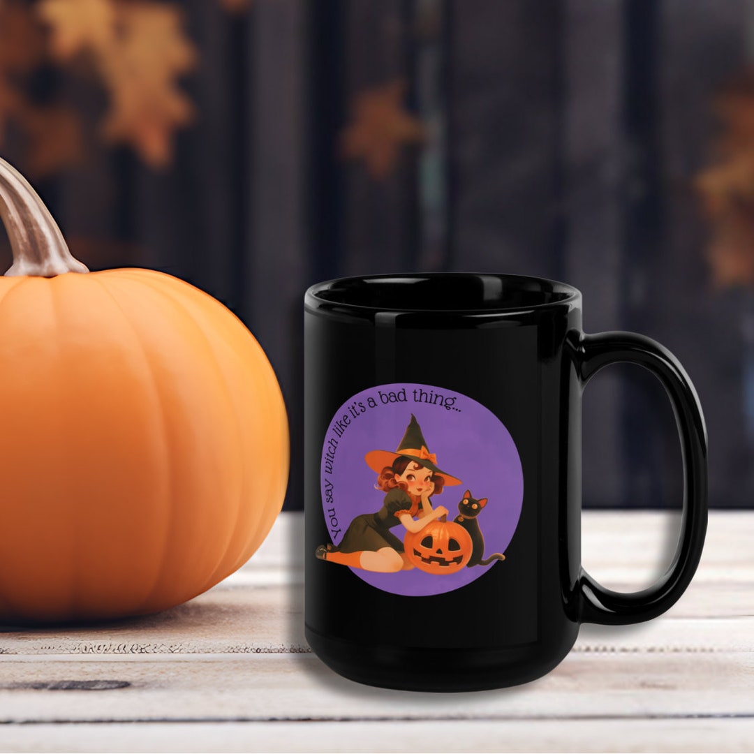 Retro Cute Witch Black Cat & Pumpkin 15oz Black Glossy Mug - Etsy