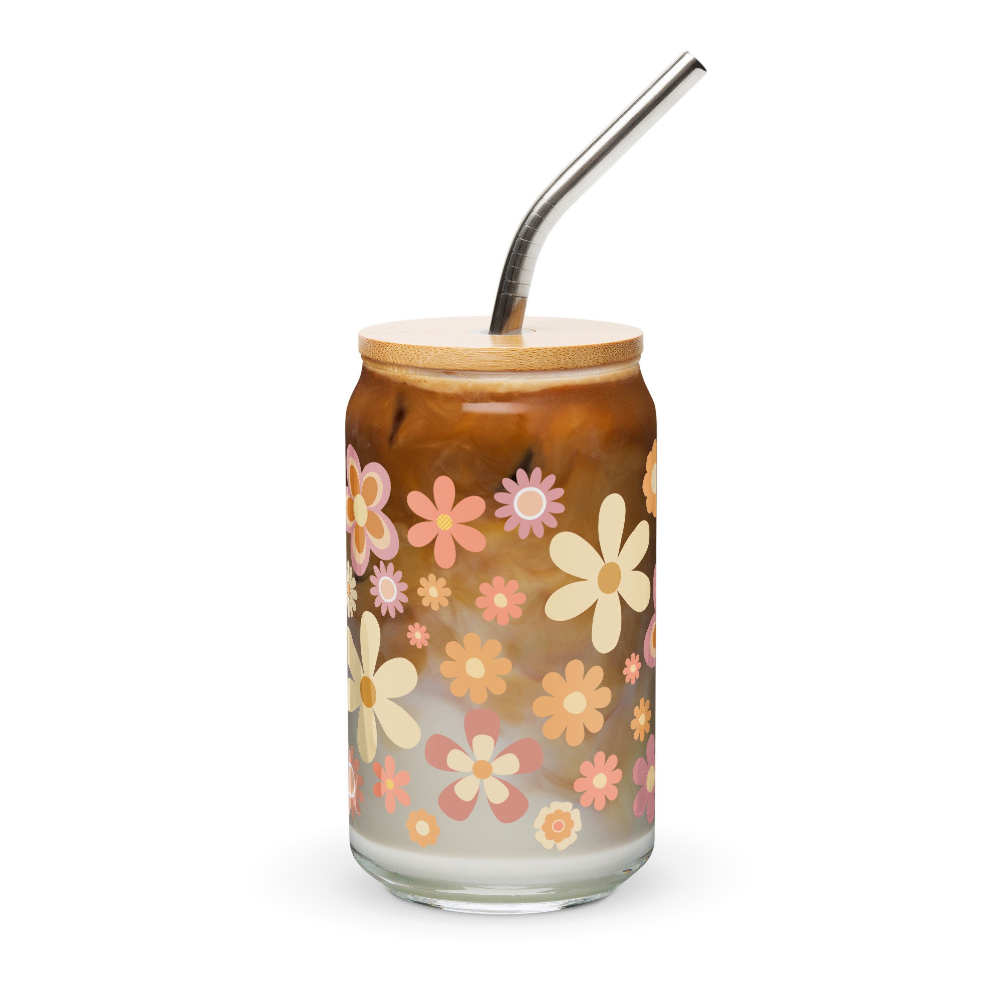 Retro Flowers Can-shaped Glass With Lid and Straw - Etsy