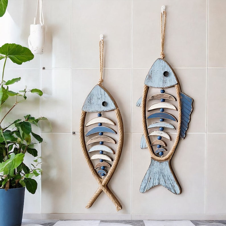 Mediterranean Wood Fish Pendant Hanging Bathroom Decoration Vintage ...