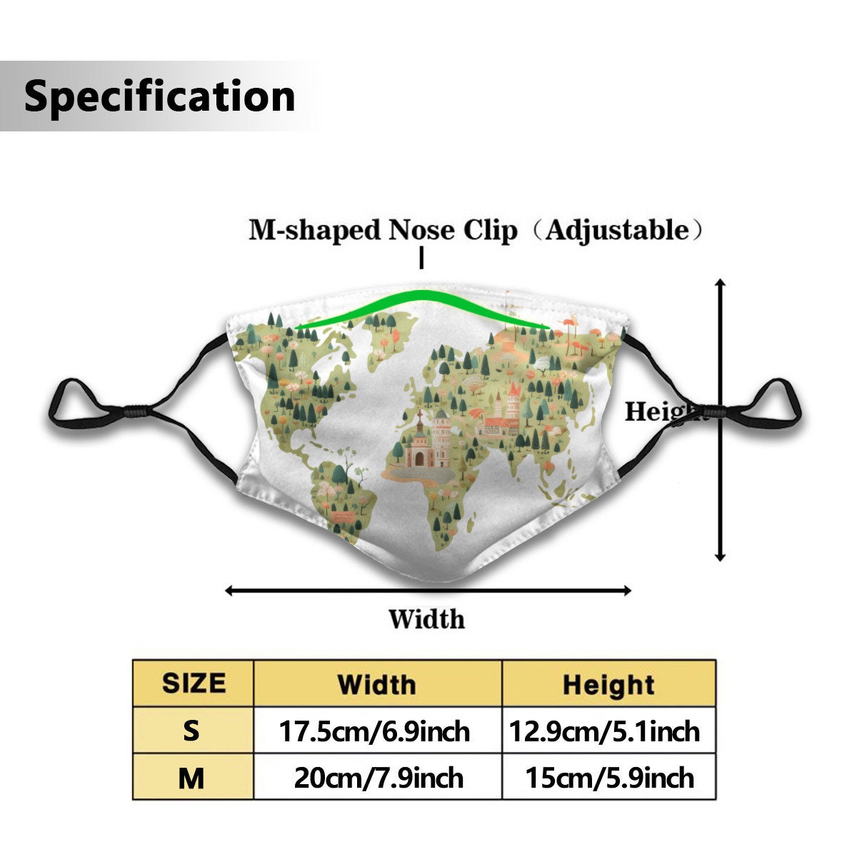 Adjustable Breathable World Map Face Mask Replaceable Filters Washable ...