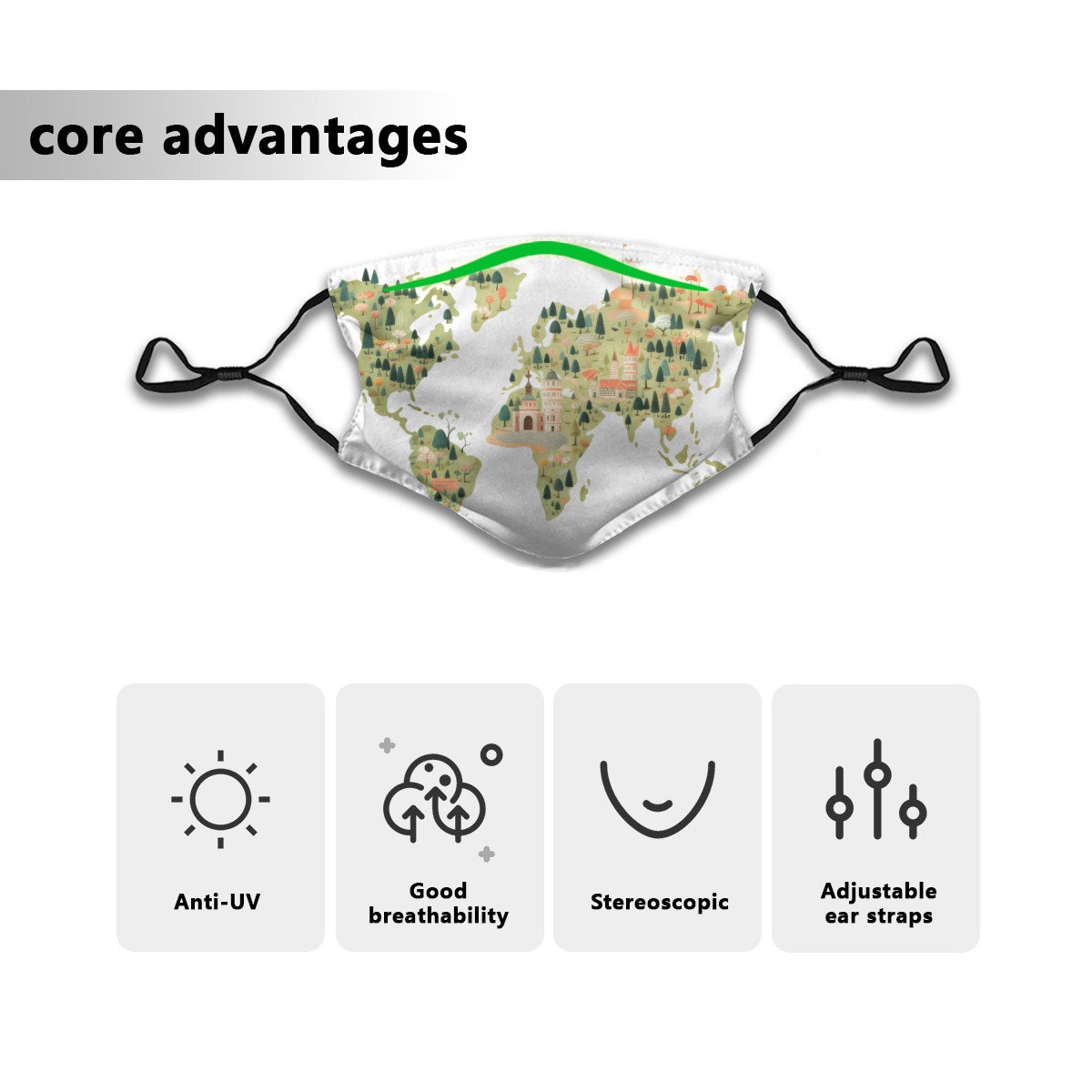 Adjustable Breathable World Map Face Mask Replaceable Filters Washable ...