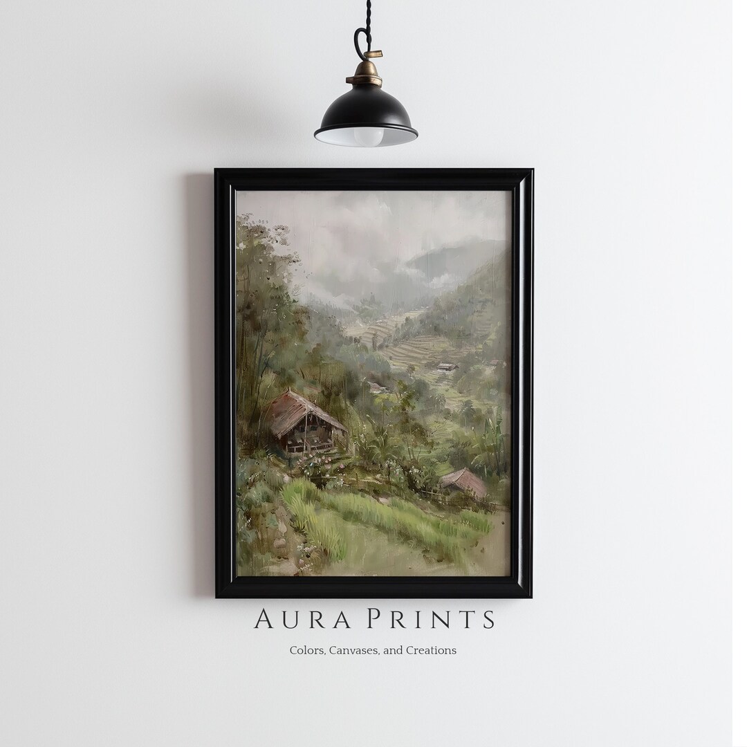 Serene Rice Terrace Fields PRINTABLE Digital Painting Wall Art Vintage ...