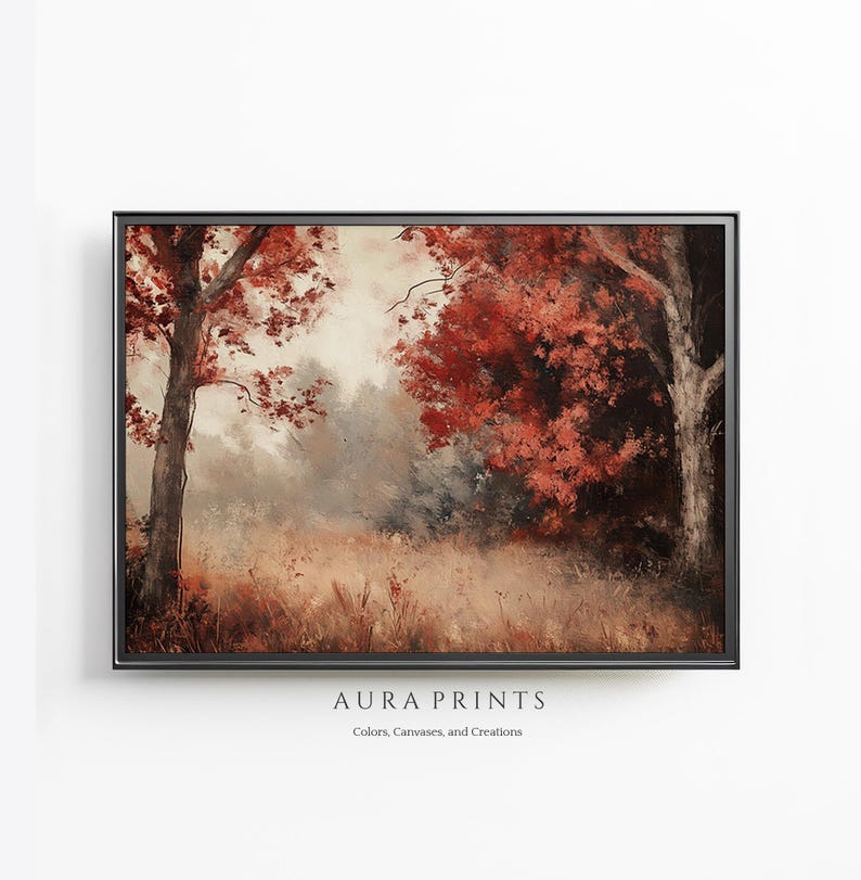 Autumn Landscape With Red Trees Painting | Wooden Fence and Open Meadow ...