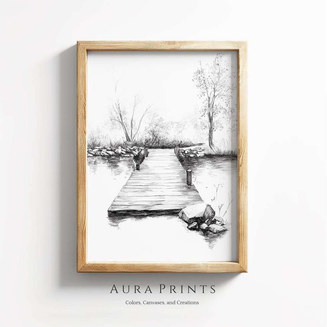 Vintage Boat Dock Pencil Sketch Art Digital Download Seascape Neutral ...
