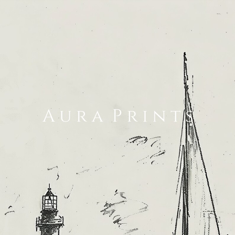 Lighthouse and Sailboat Sketch | Neutral Drawing | Vintage Nautical ...