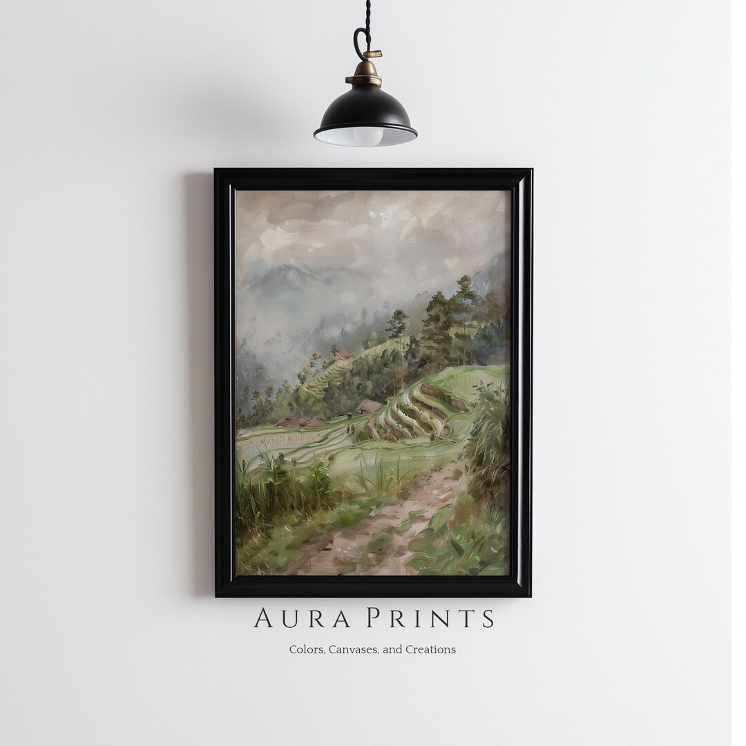 Lush Green Rice Terraces PRINTABLE Digital Painting Wall Art Asian ...