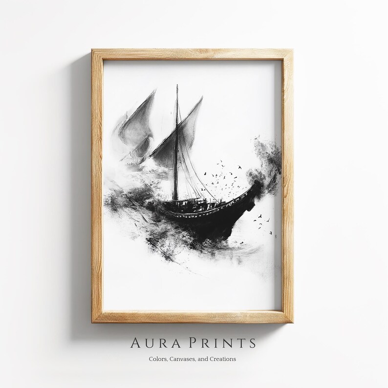 Vintage Brigantine Scene Pencil Sketch Ship Art Digital Download ...