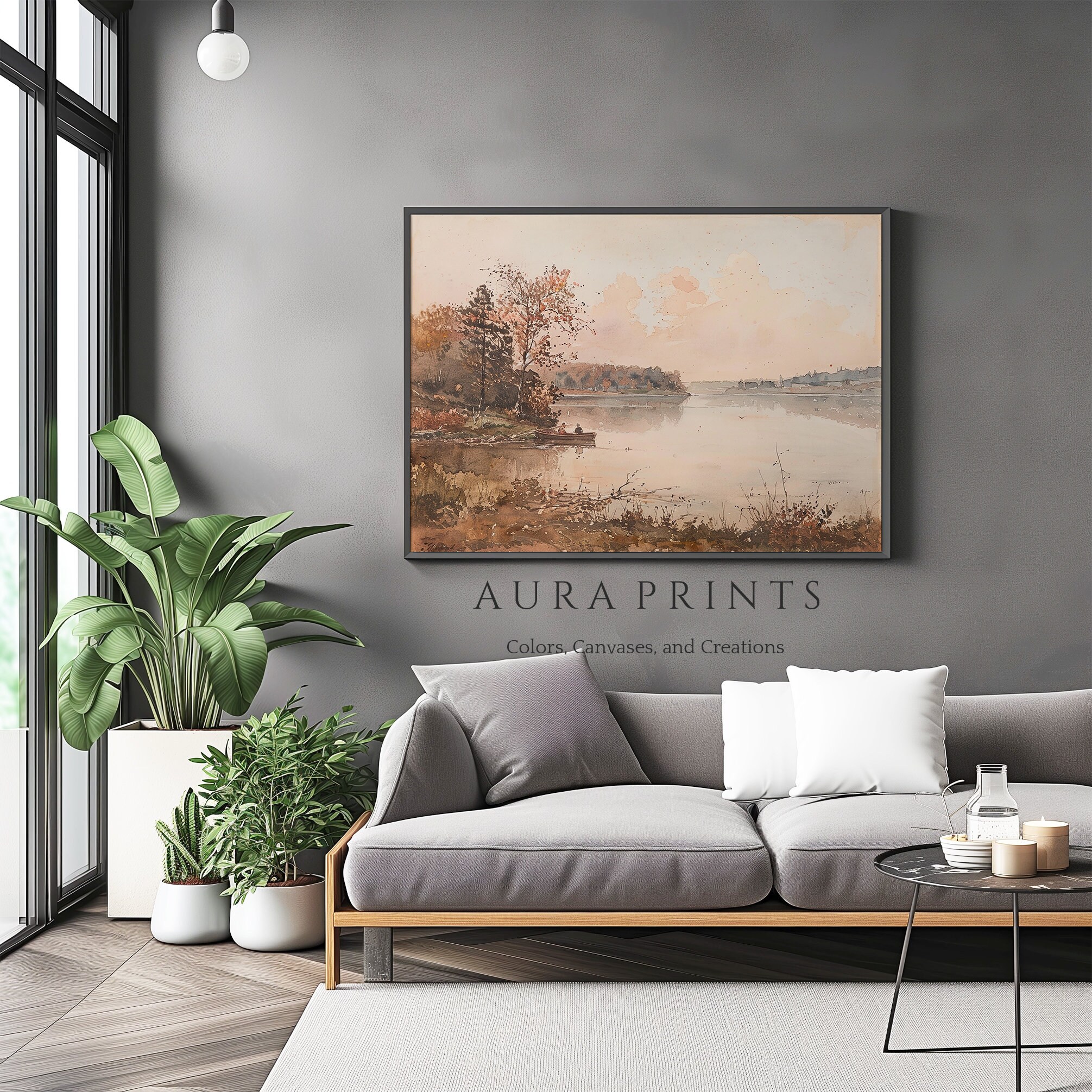 Calm Lake With Boat | Vintage Nature Art | Rustic Cottage Wall Decor | PRINTABLE Digital ...