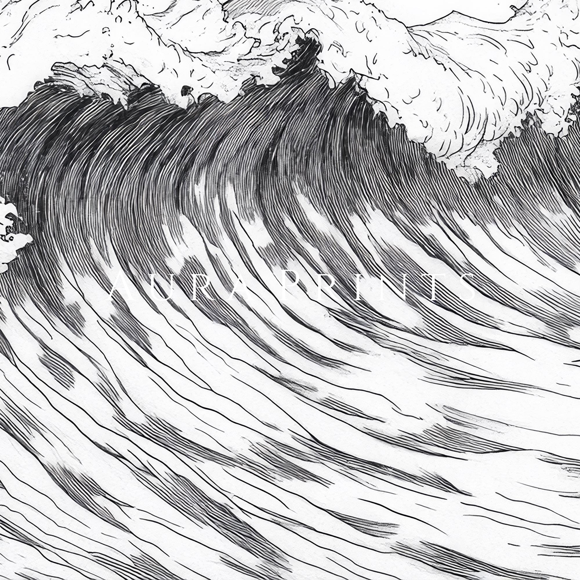 Minimal Ocean Waves Pencil Sketch Art Digital Download Neutral Vintage ...