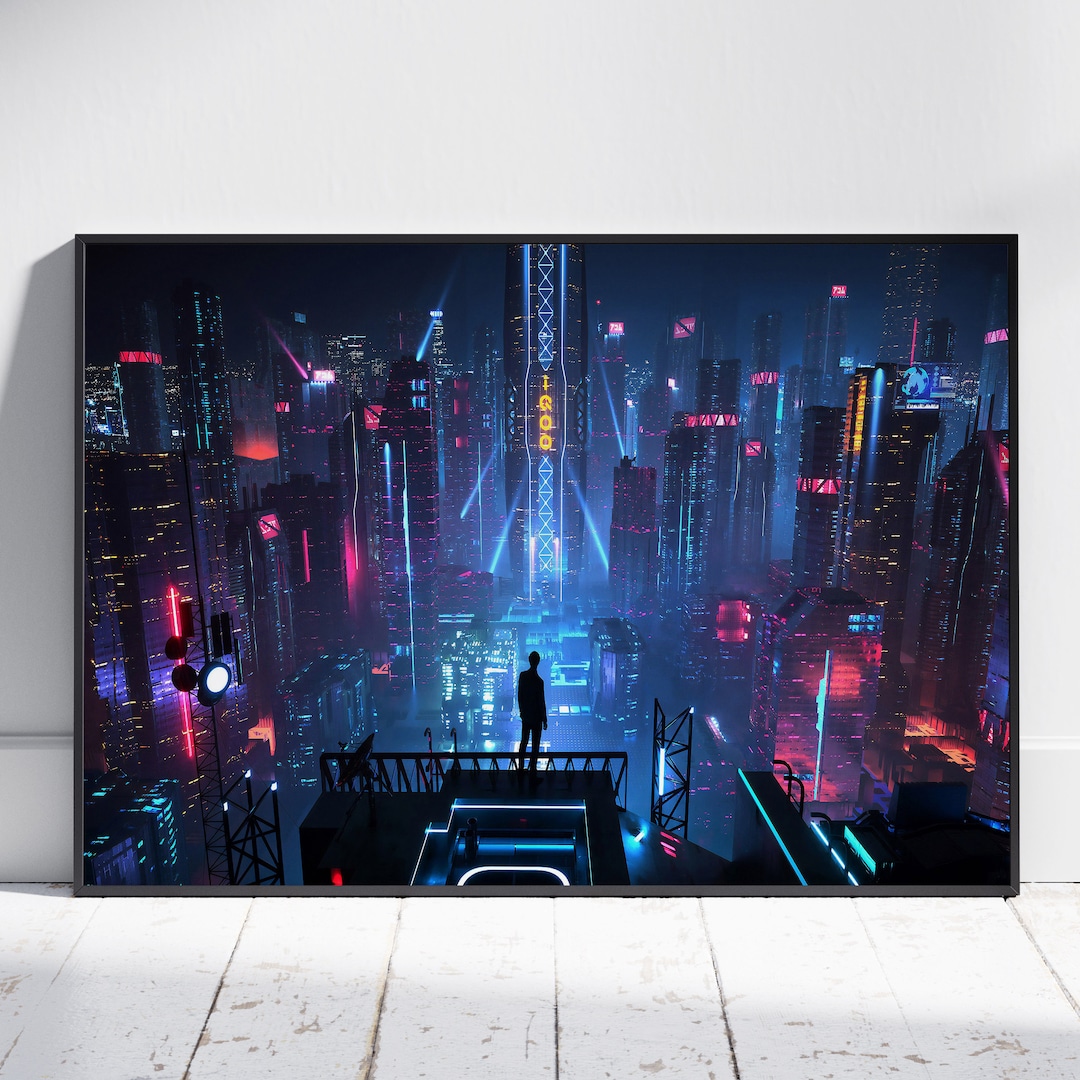 Cyberpunk City Poster, Neo Futuristic Wall Art, Rolled Canvas Print ...