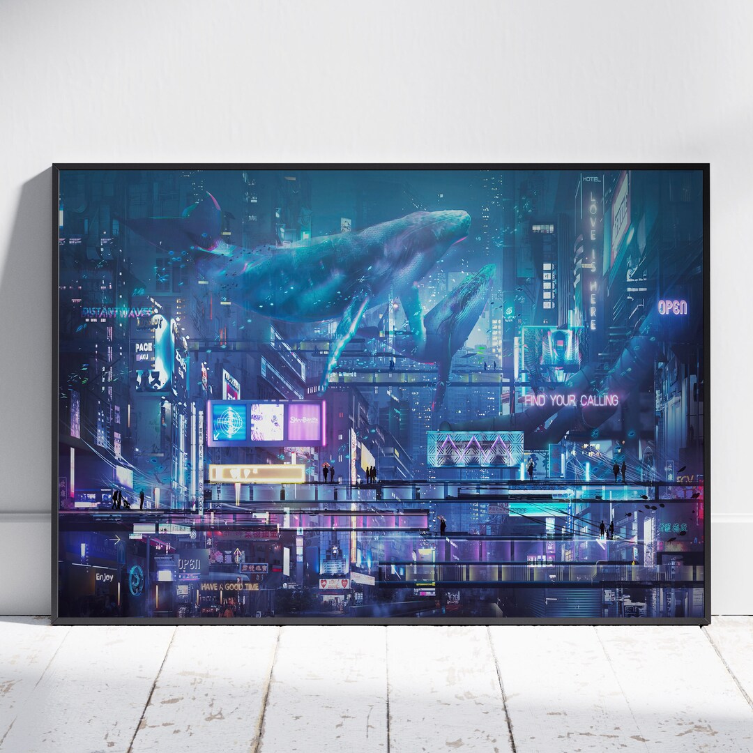 Cyberpunk City Poster, Neo Futuristic Wall Art, Rolled Canvas Print ...