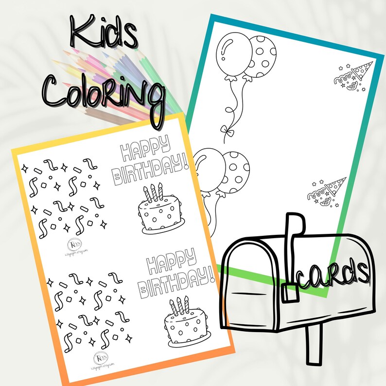 PRINTABLE Kids Coloring Birthday Card, Coloring Cards, Happy Birthday ...