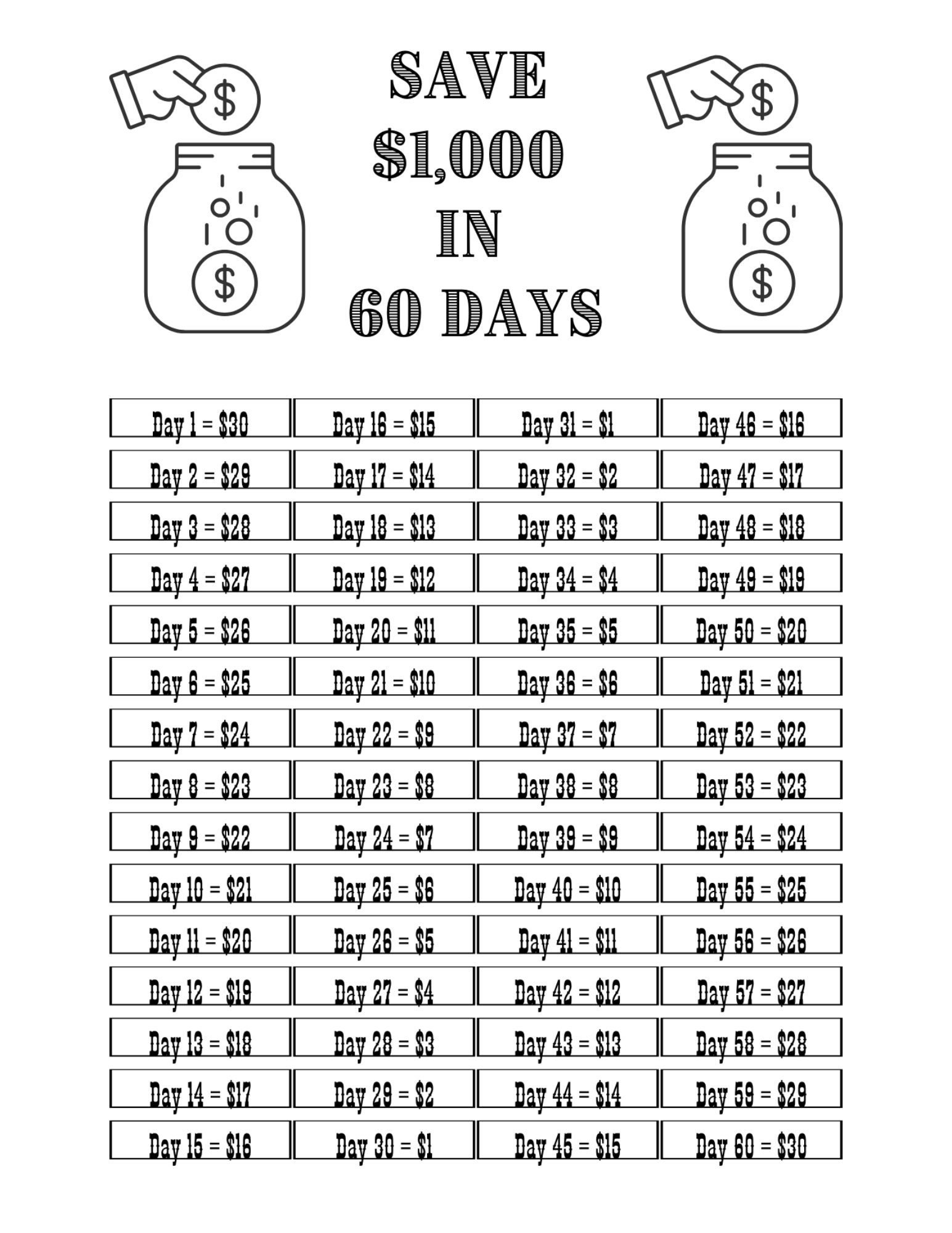 60 Day Savings Challenge, Printable - Etsy