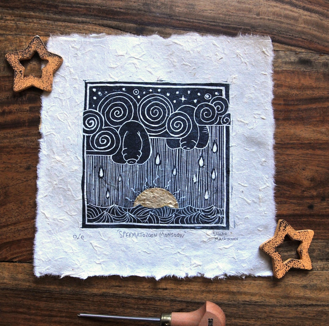 SPERMATOZOON MONSOON - Unique and Original Linocut Print - Embellished ...