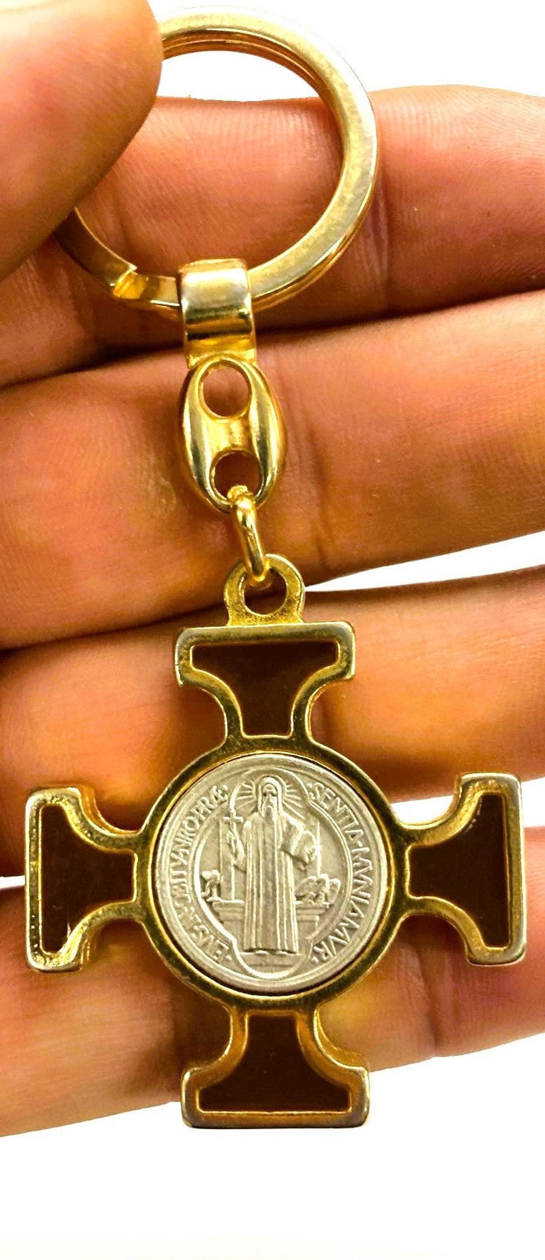 St. Benedict Brown Enamel Keychain, Gold-tone Metal, St. Benedict Cross ...