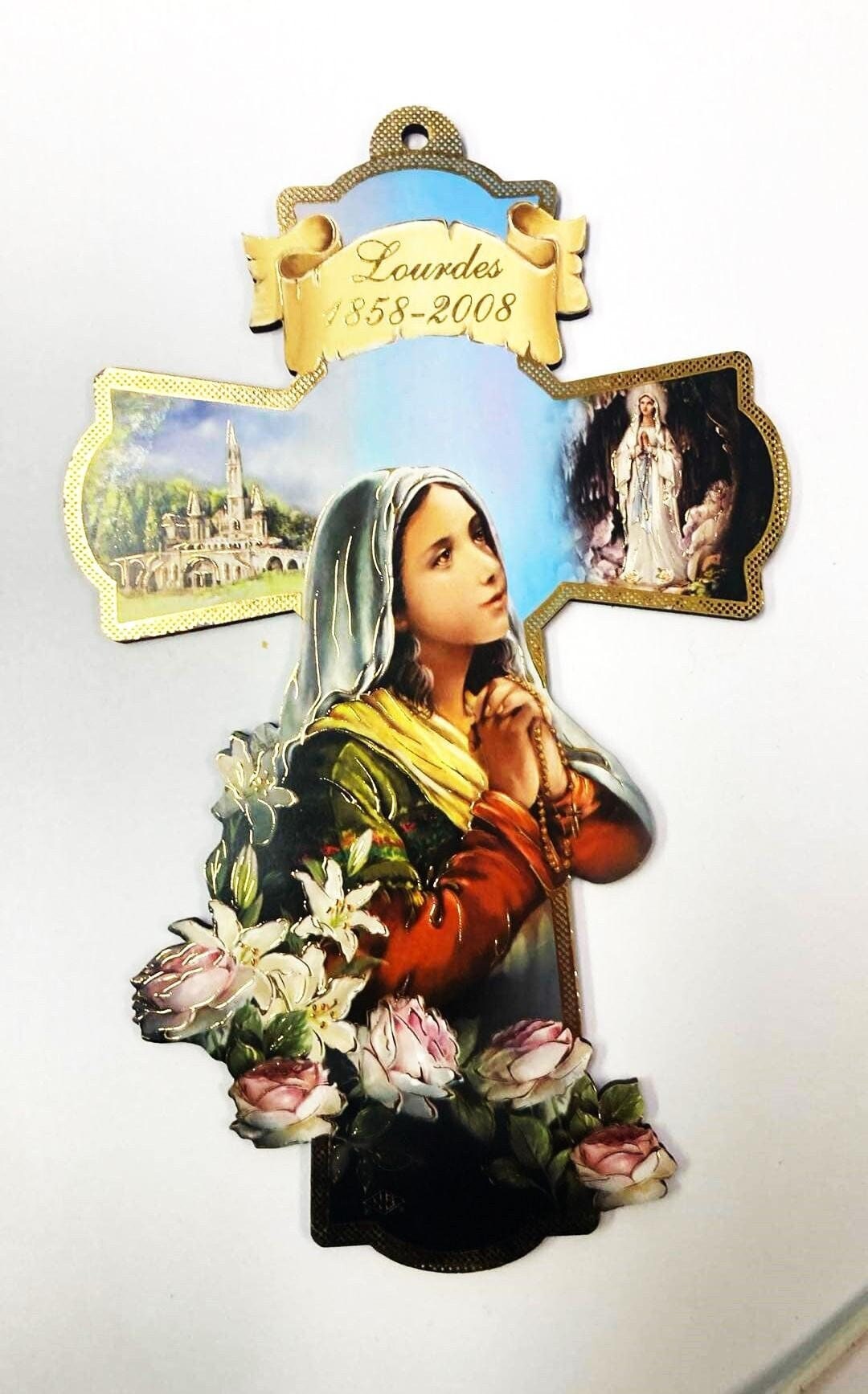 Our Lady of Lourdes Cross, Made in Italy, Beautiful Colors and Images ...