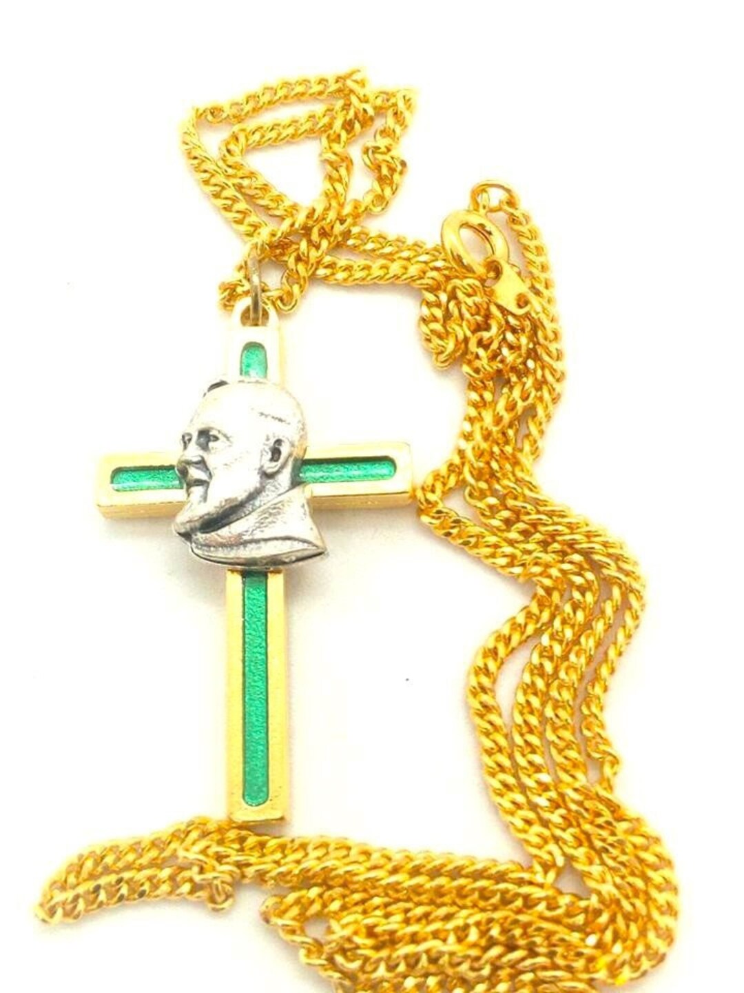Padre Pio Gold-tone Green Enamel Cross Necklace, Brand New Vintage Hand ...