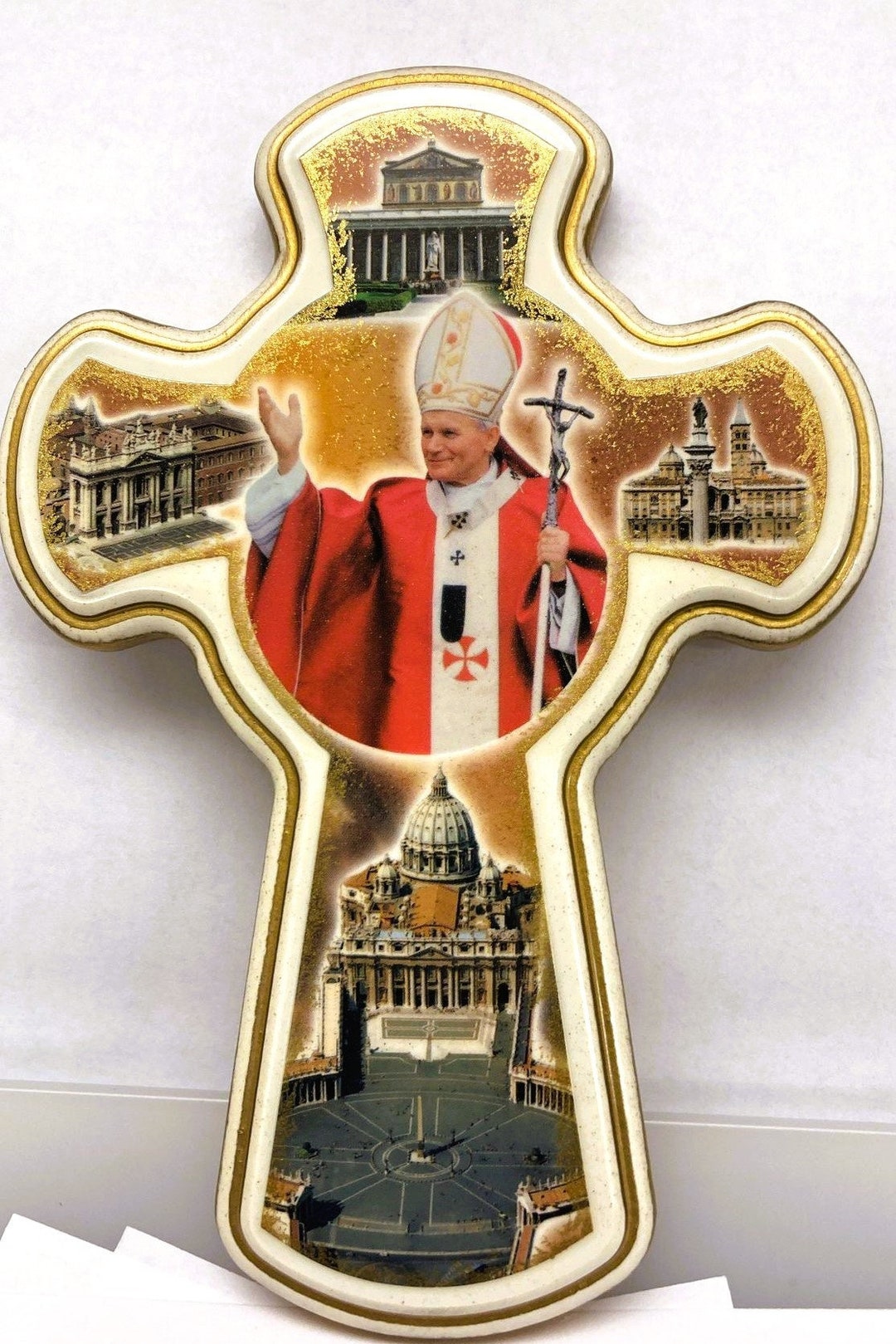 Pope John Paul II Wall Cross, Wood, Hand-painted, 4 Rome Basilica ...