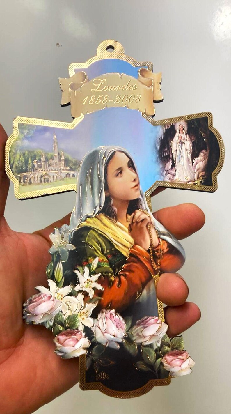 Our Lady of Lourdes Cross, Made in Italy, Beautiful Colors and Images ...