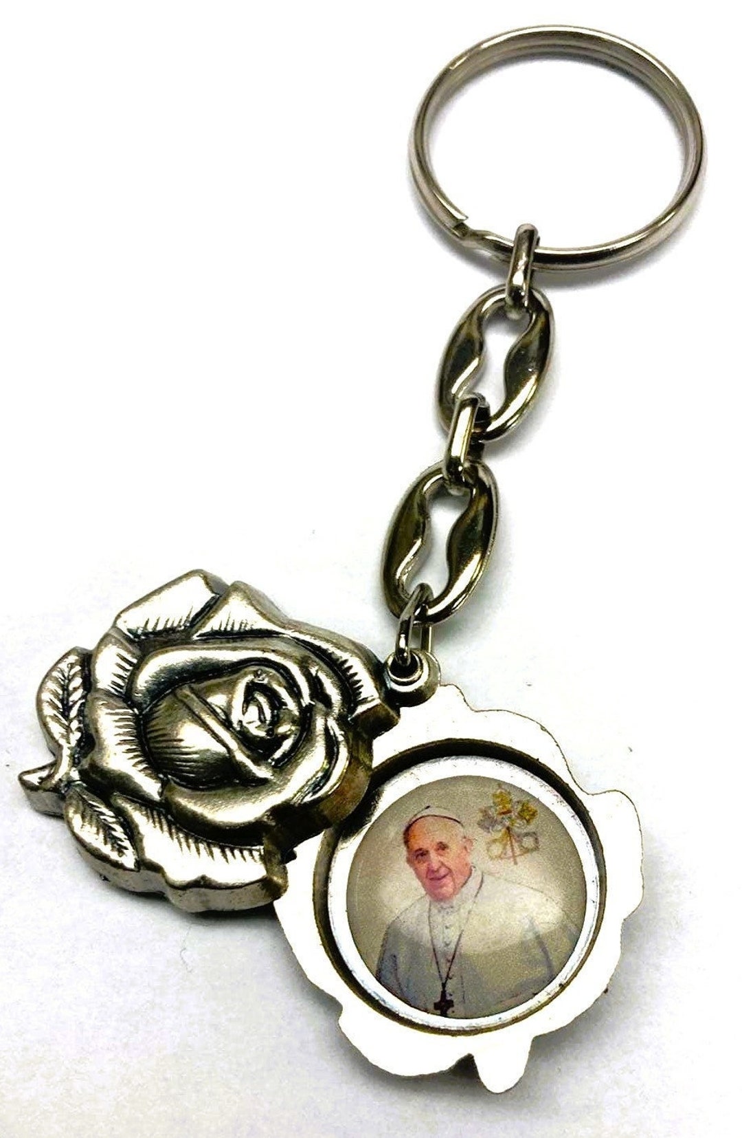 Pope Francis Keychain, Silver-tone Metal, Swinging Rose Cover Sliding ...