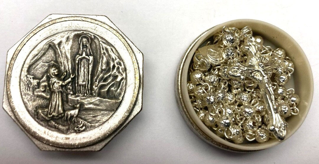 Our Lady of Lourdes Rosary Beads & Rosary Box, Silver-plated Rosebud ...