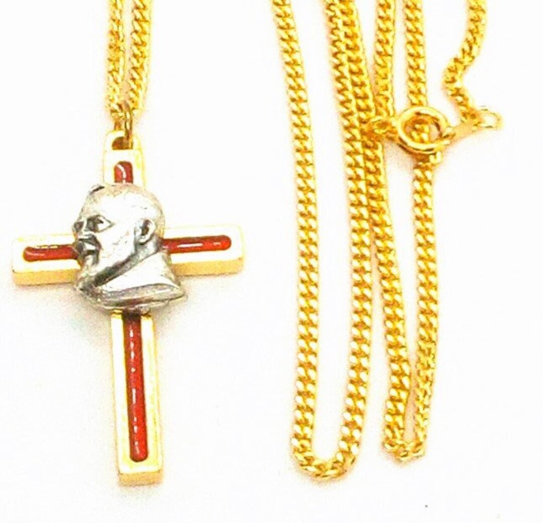 Padre Pio Gold-tone Red Enamel Cross Necklace, Brand New Vintage Hand ...