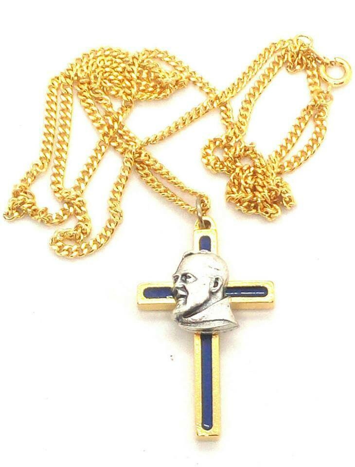 Padre Pio Gold-tone Blue Enamel Cross Necklace, Brand New Vintage Hand ...
