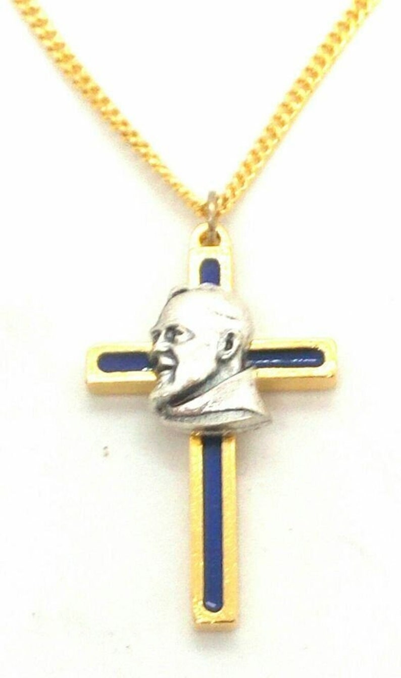 Padre Pio Gold-tone Blue Enamel Cross Necklace, Brand New Vintage Hand ...