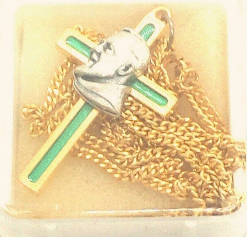 Padre Pio Gold-tone Green Enamel Cross Necklace, Brand New Vintage Hand ...