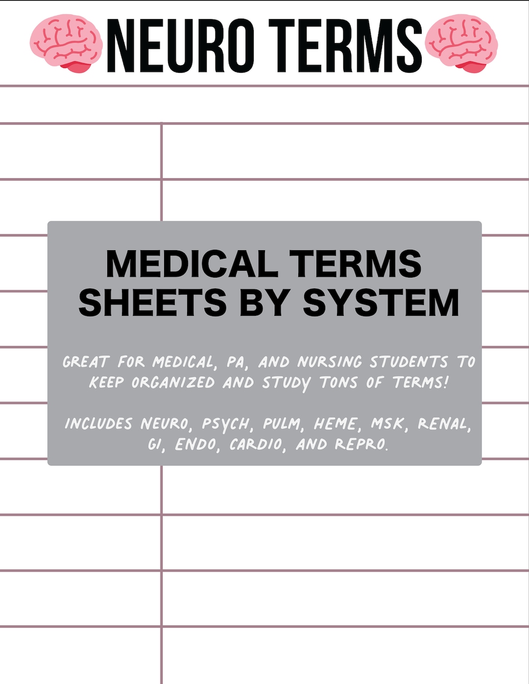 Medical Terms Study Sheet by System for Medical, Nursing, and PA ...