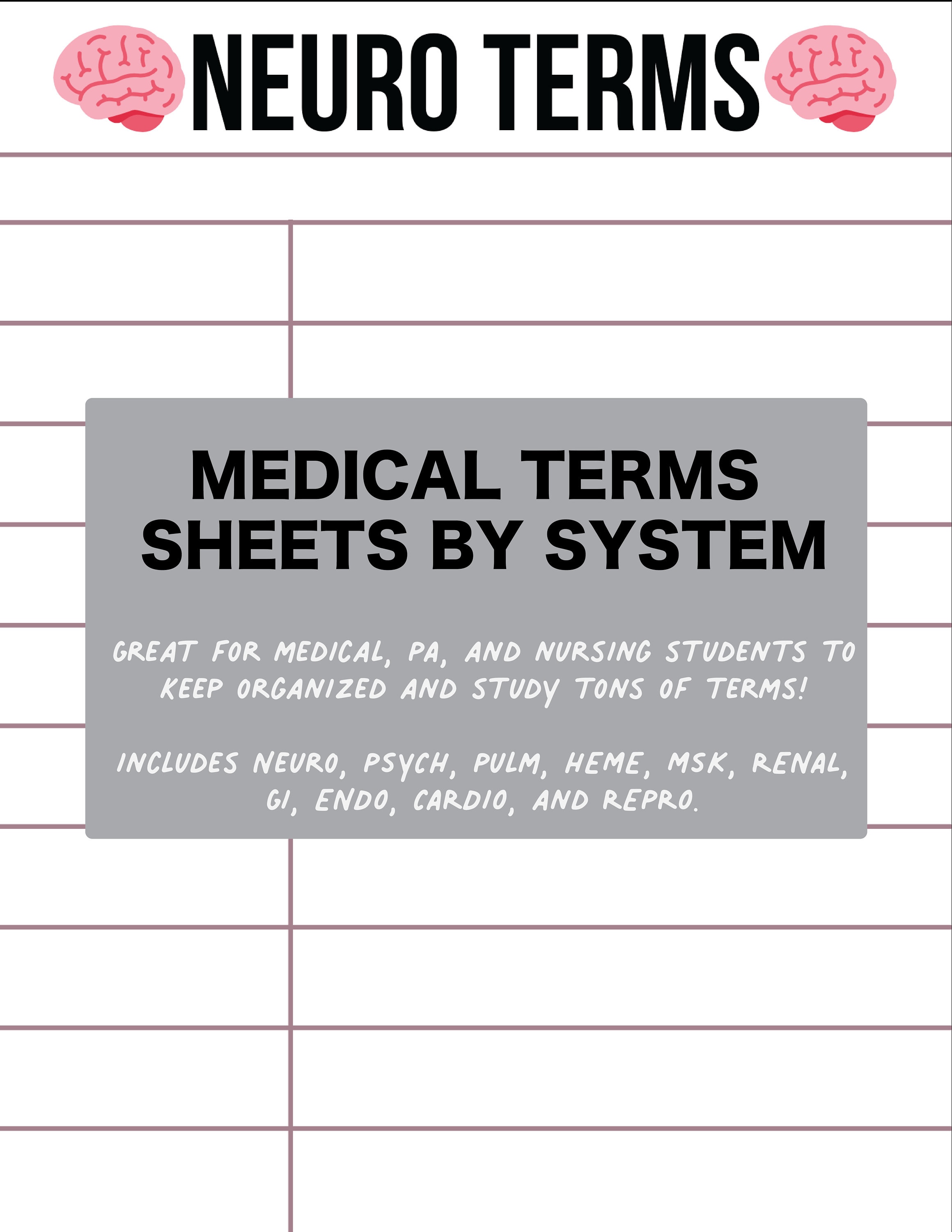 Medical Terms Study Sheet by System for Medical, Nursing, and PA ...