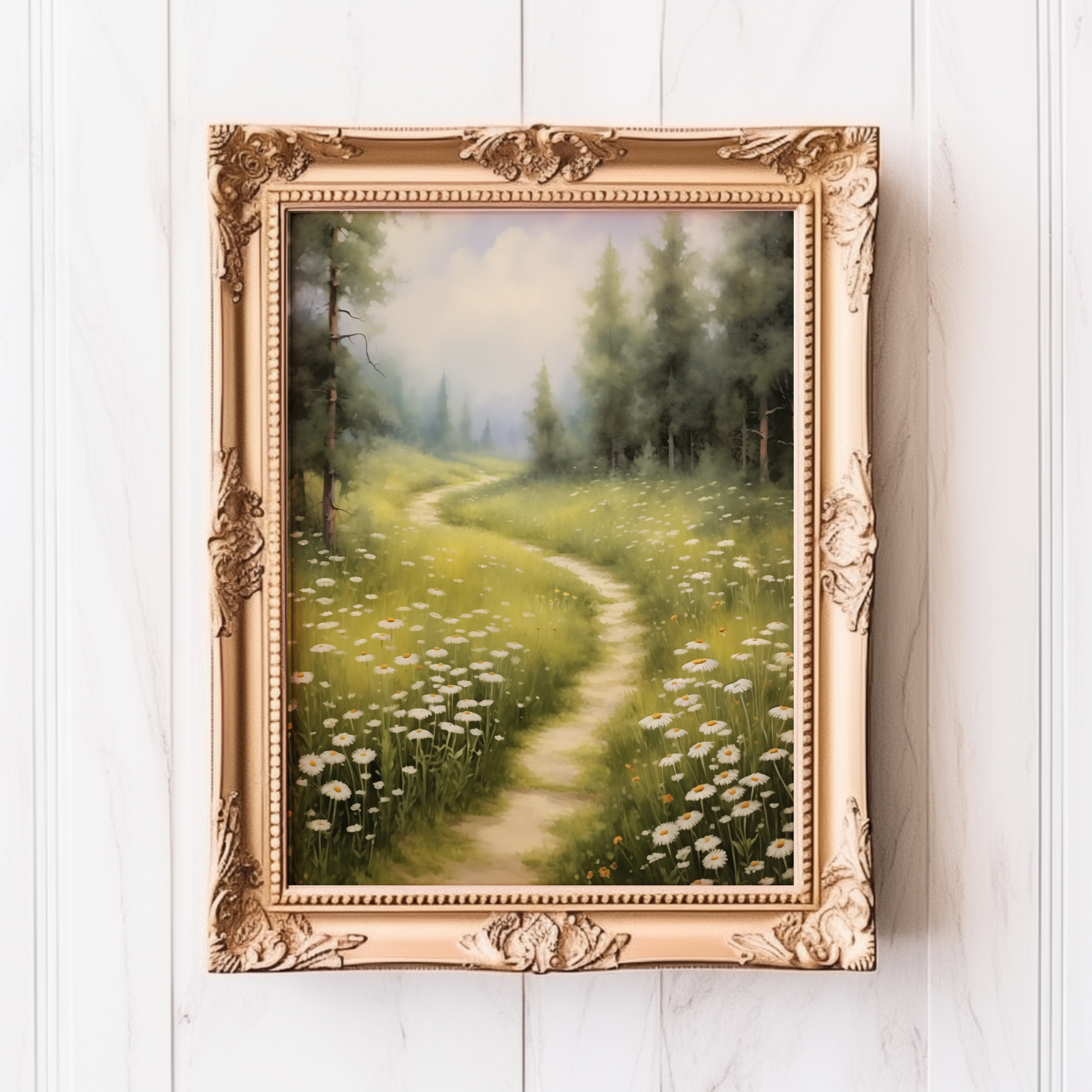 Painting of a Winding Foot Path Weaving Through Pine Trees With Daisies ...
