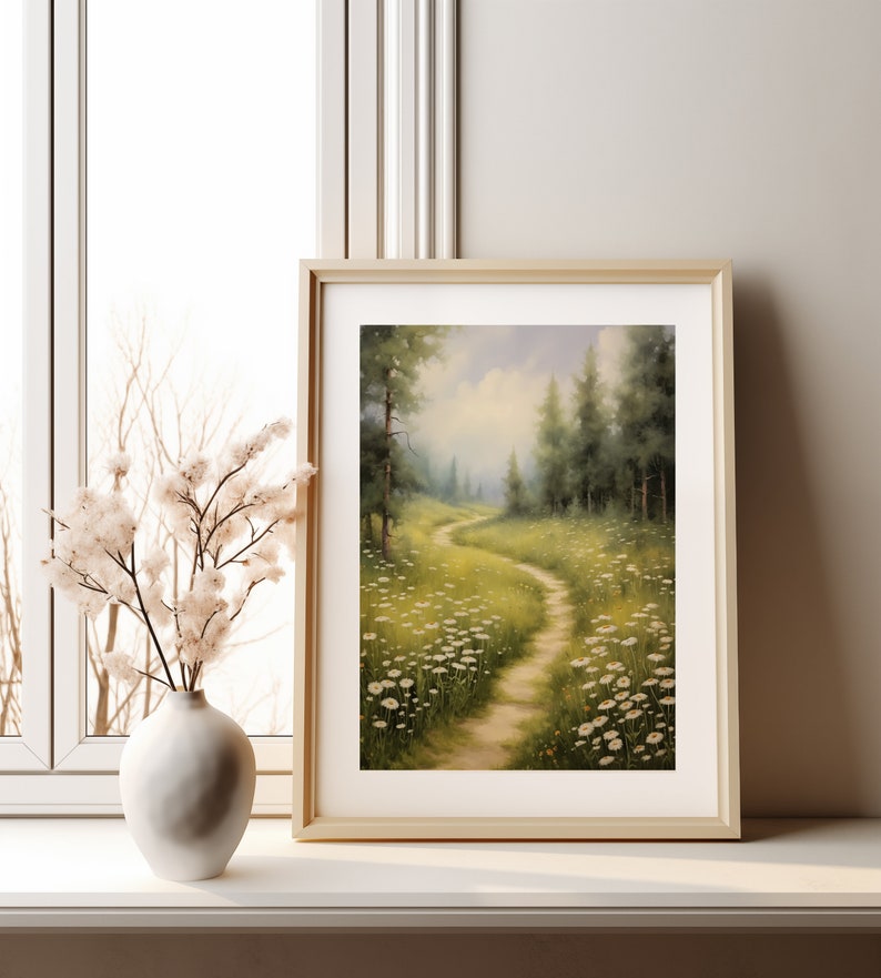 Painting of a Winding Foot Path Weaving Through Pine Trees With Daisies ...