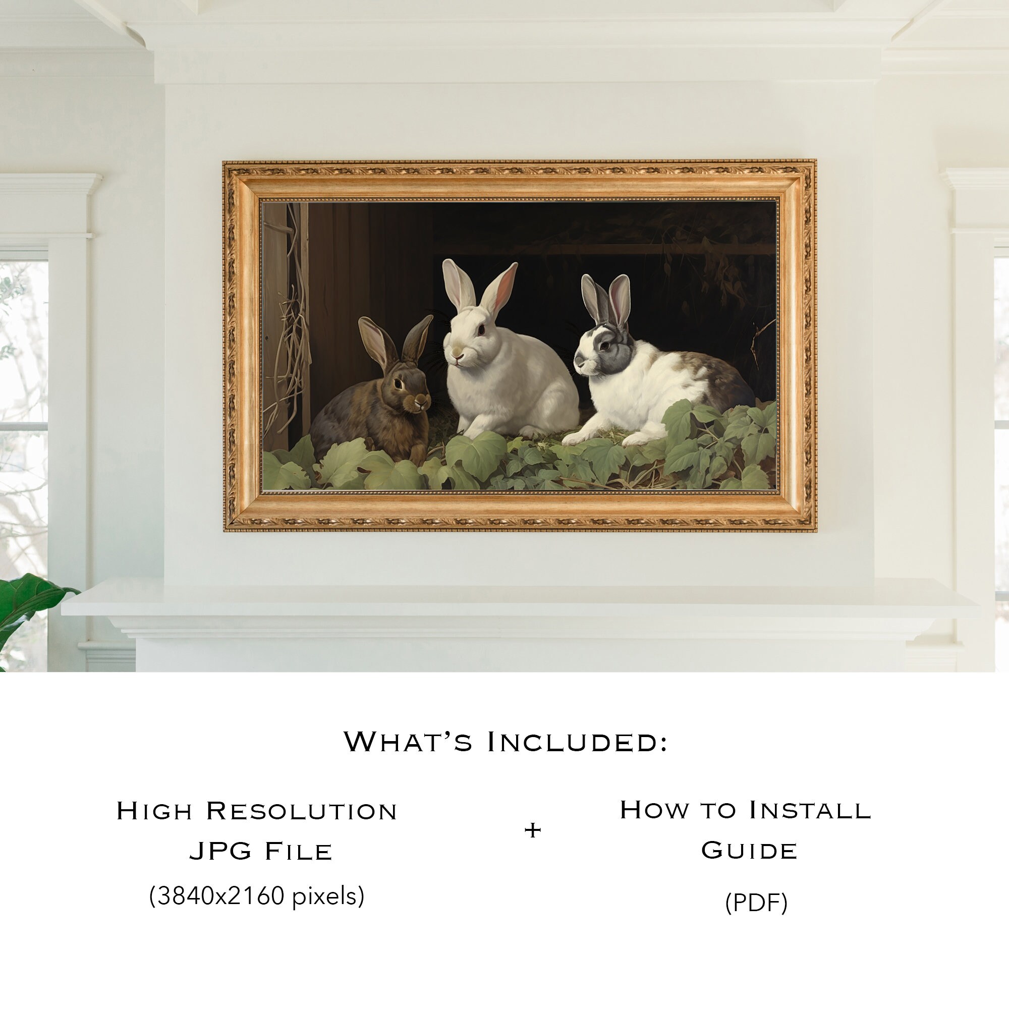 Painting of Three Bunny Rabbits on a Bed of Green Leaves in a Barn ...