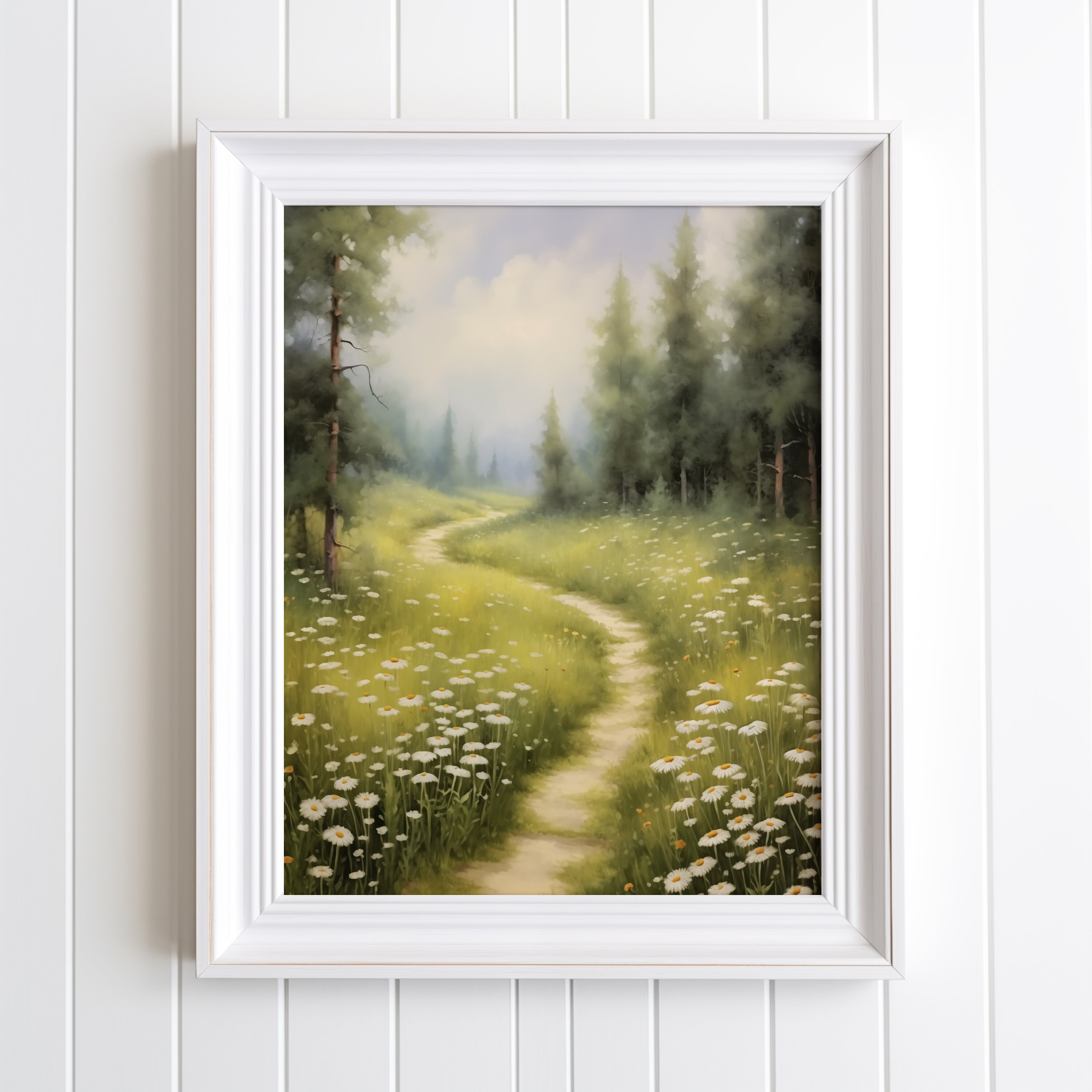 Painting of a Winding Foot Path Weaving Through Pine Trees With Daisies ...