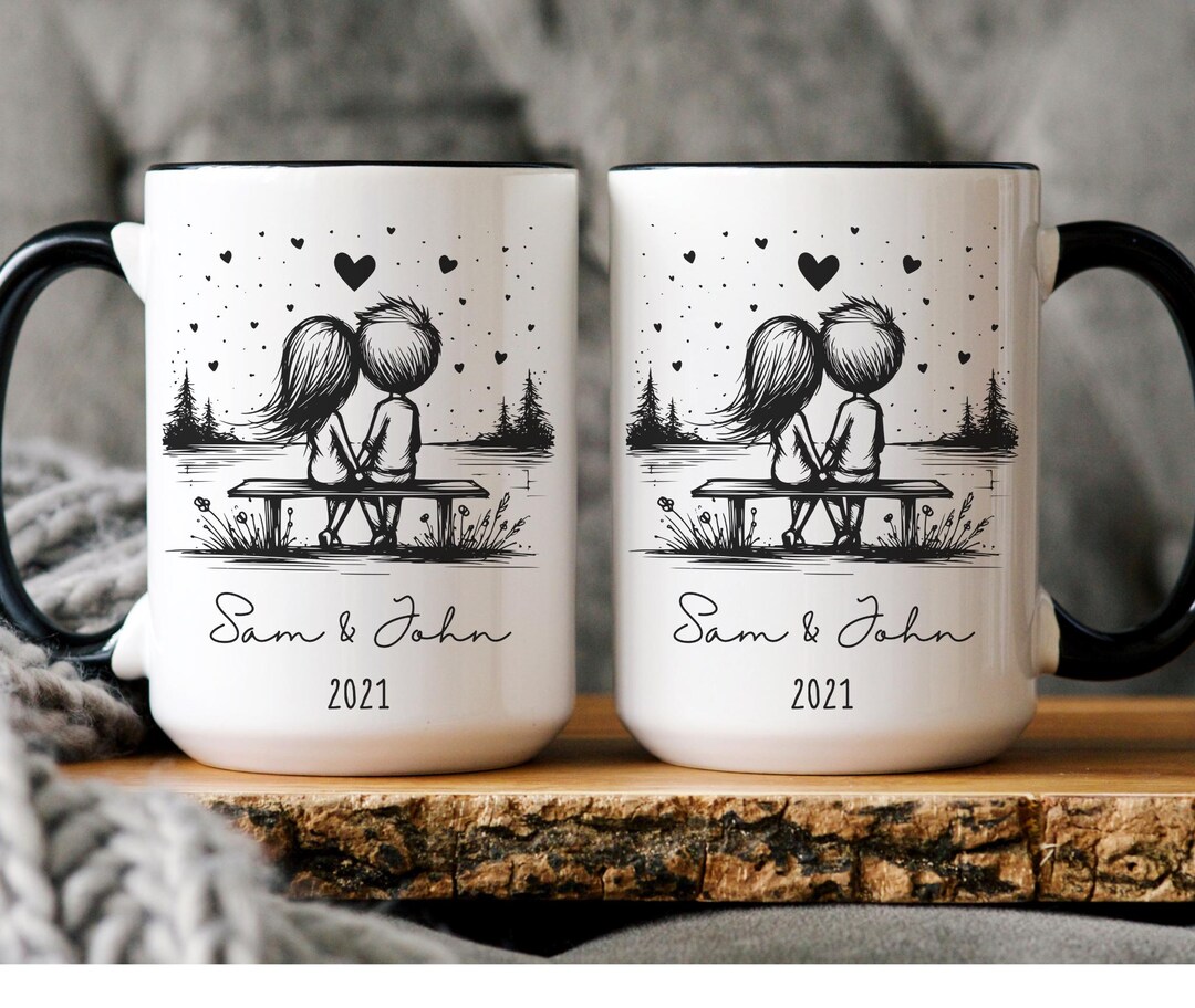 Custom Couple Mug With Names and Year, Romantic Line Art Design ...