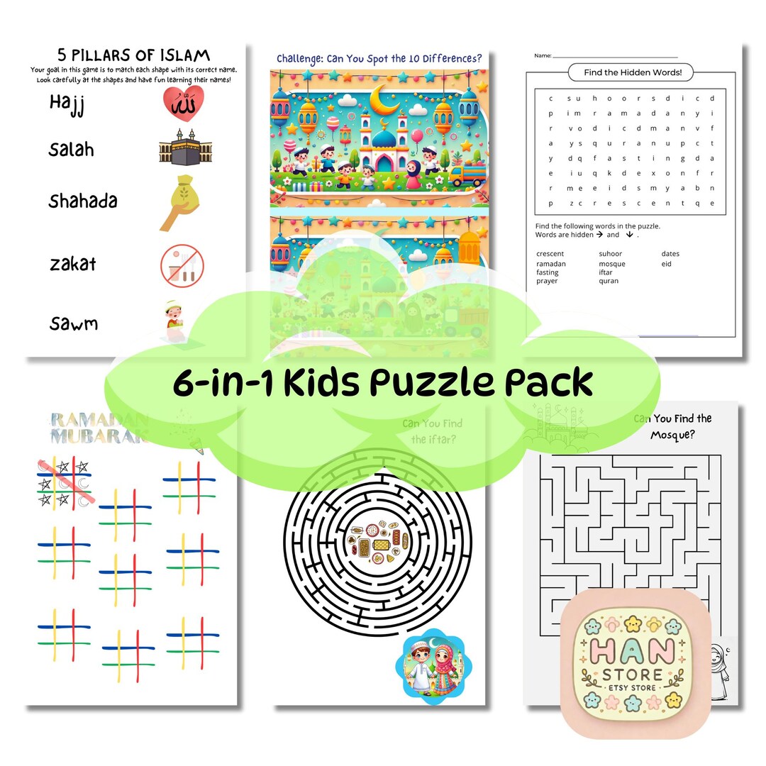 6-in-1 Kids Islamic Printable Puzzle Pack – Mazes, Word Search, Spot ...