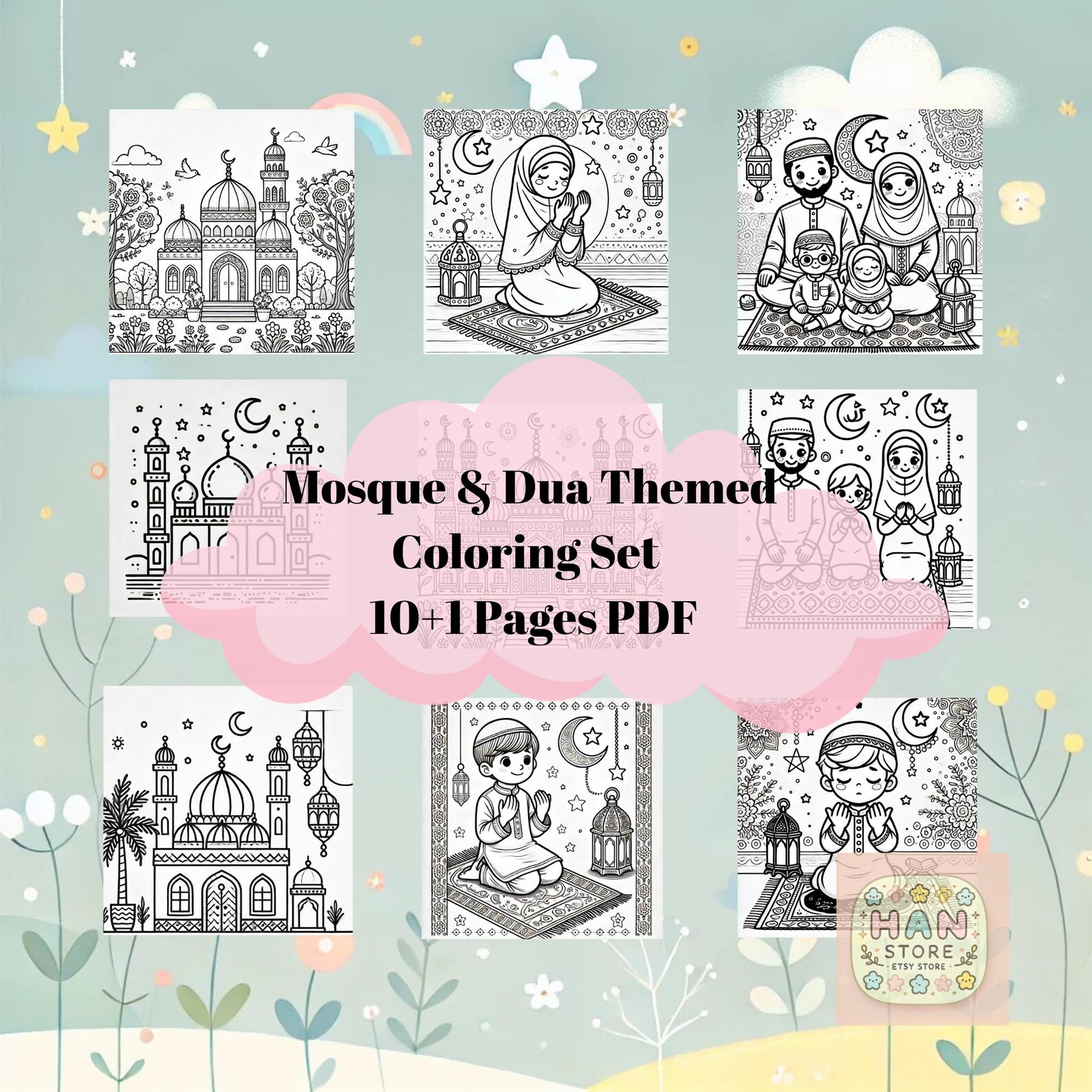 Islamic Coloring Pages Bundle for Kids | Mosque & Dua and Family ...