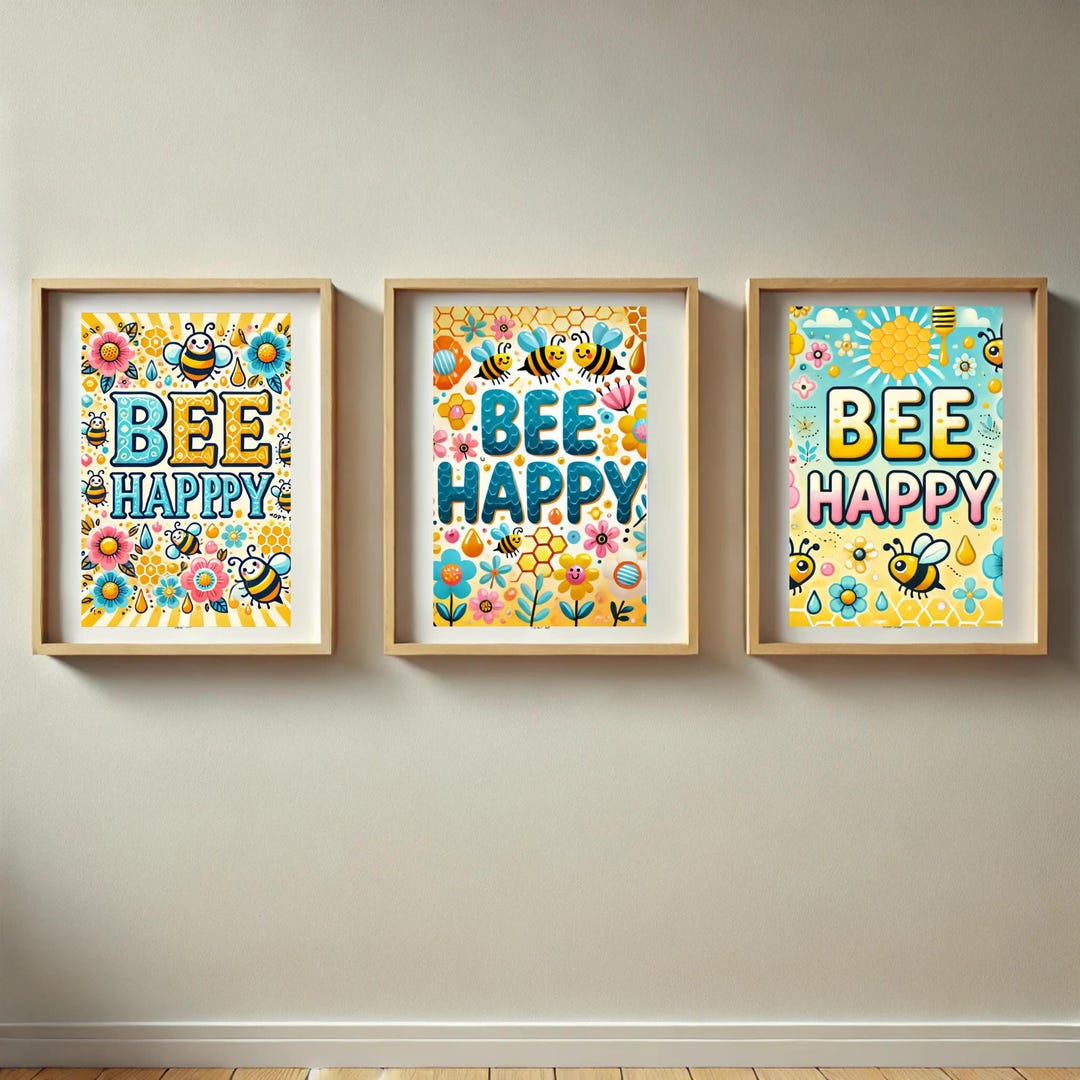 Bee-themed Wall Art Set Bee Happy Printable 3 Pastel Prints Abstract ...