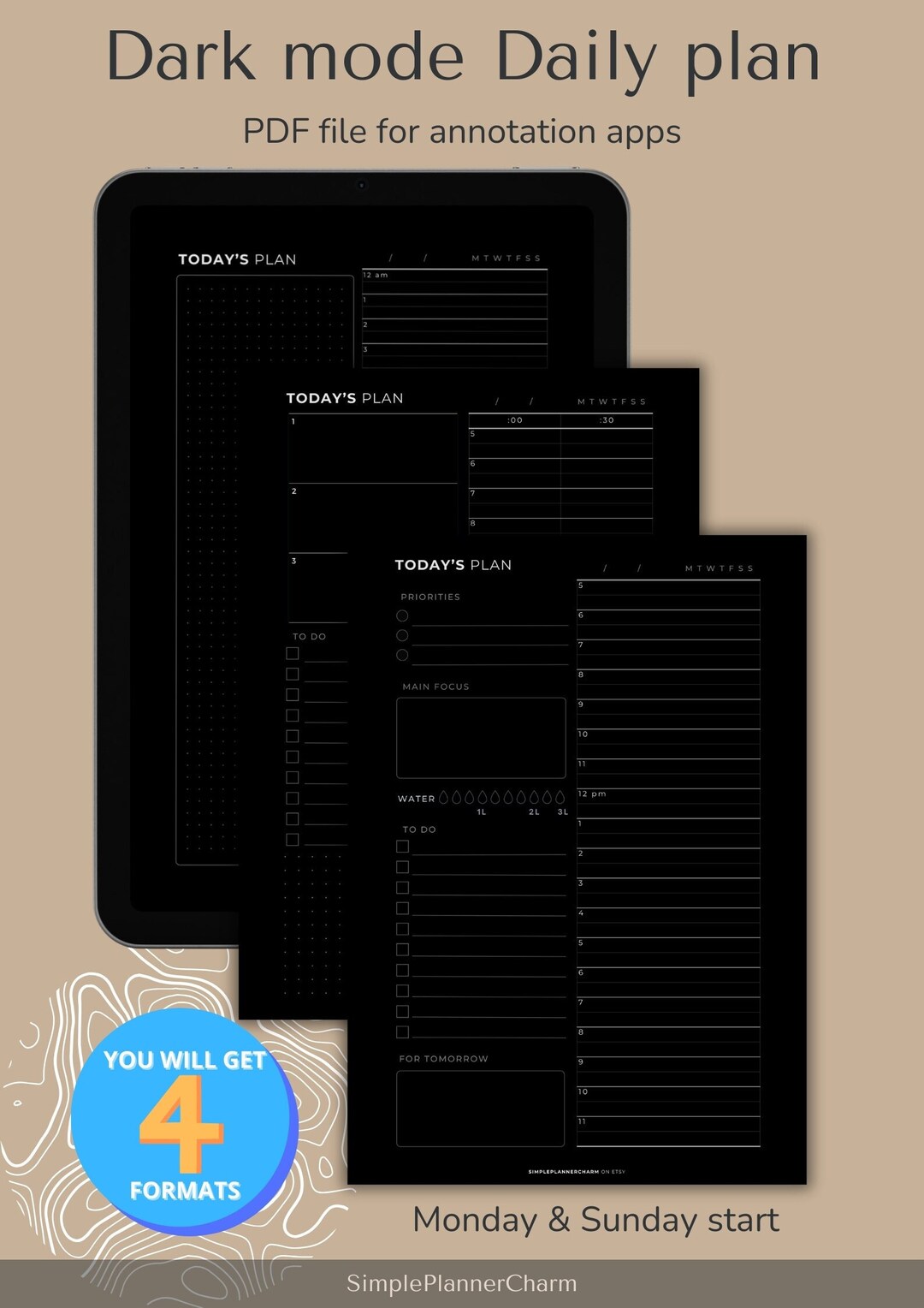 Black Daily Planner, Daily Schedule, Digital Planner, AM-PM and 24h ...