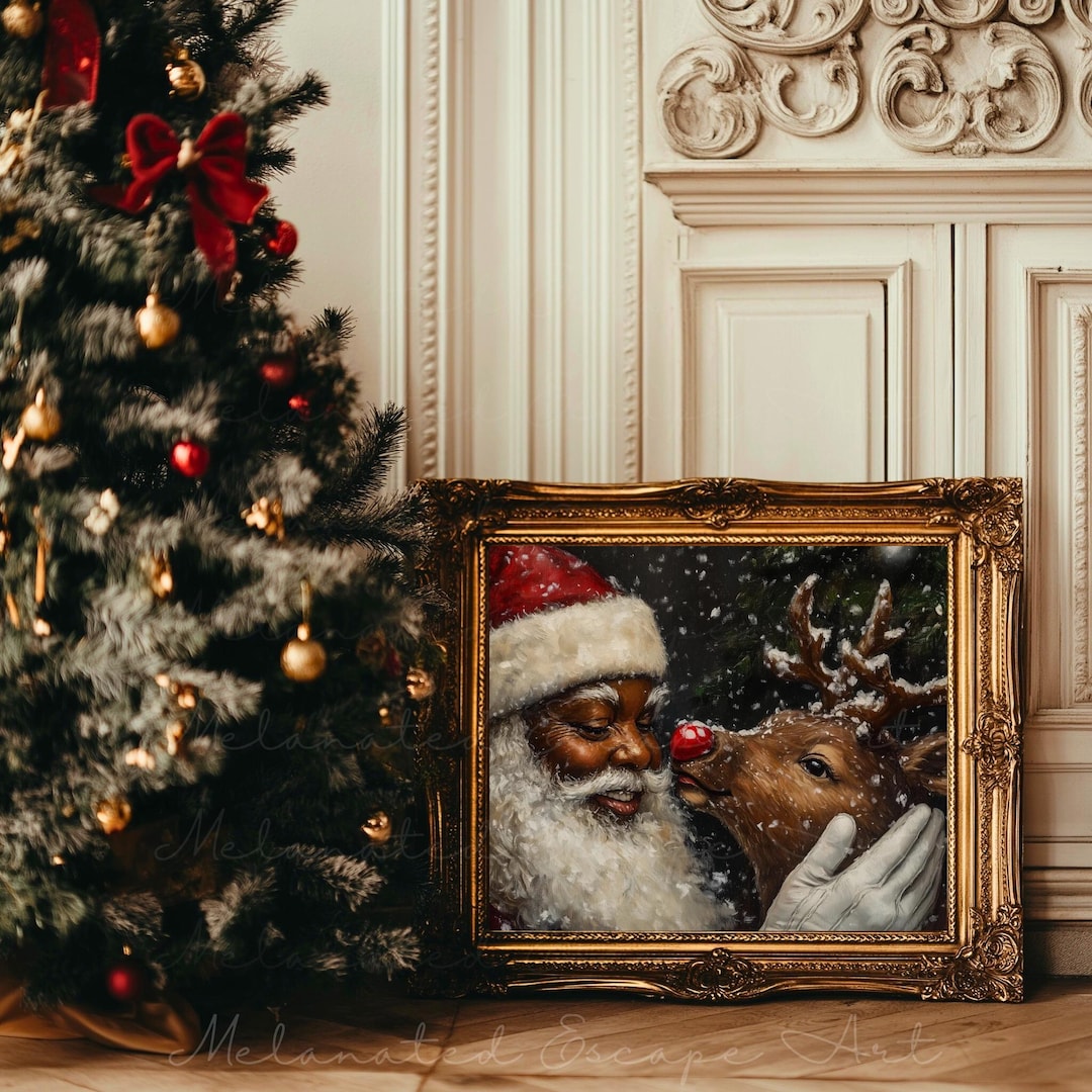 RUDOLPH | Black Santa Claus Reindeer Wall Art Print, Forest Snowfall in ...