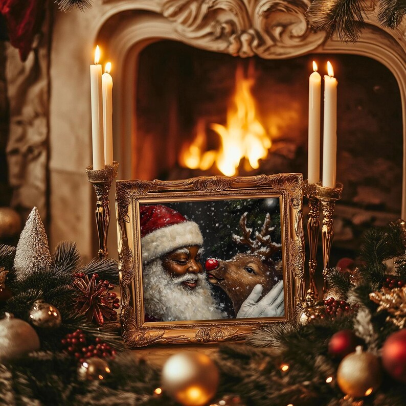 RUDOLPH | Black Santa Claus Reindeer Wall Art Print, Forest Snowfall in ...