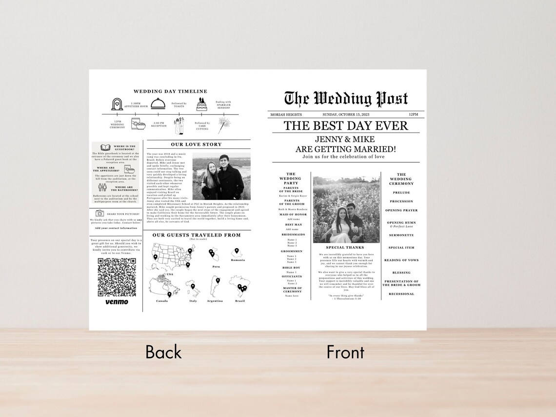 Newspaper Wedding Program Template, Editable Wedding Newspaper Program ...