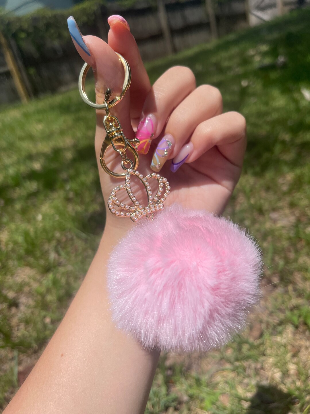 Pink Princess Crown Puff Ball Keychain, Key Rings, Key Accessories ...