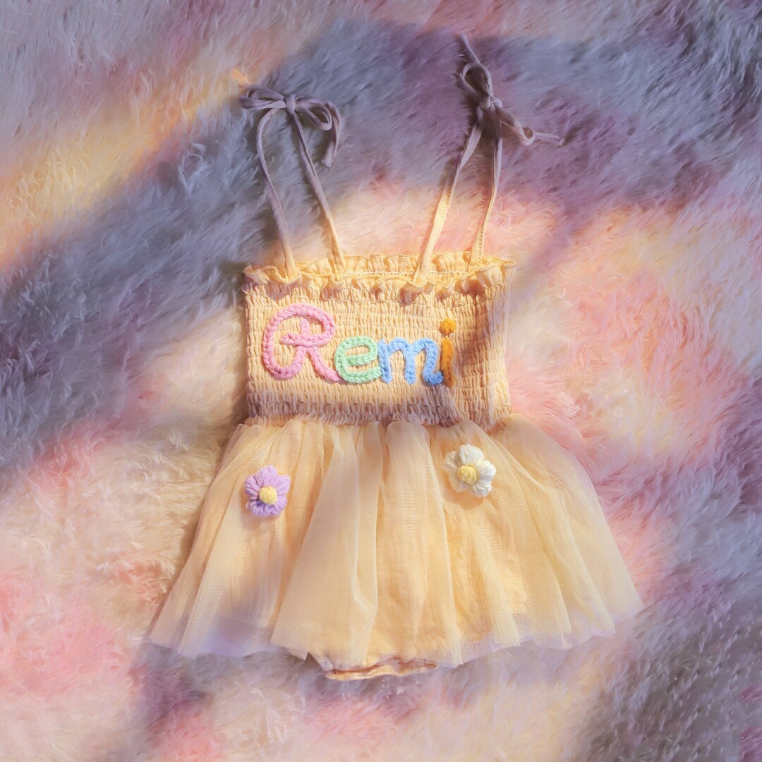 Personalized Baby Tutu Name Dress, Hand Embroidered Baby Romper, First ...