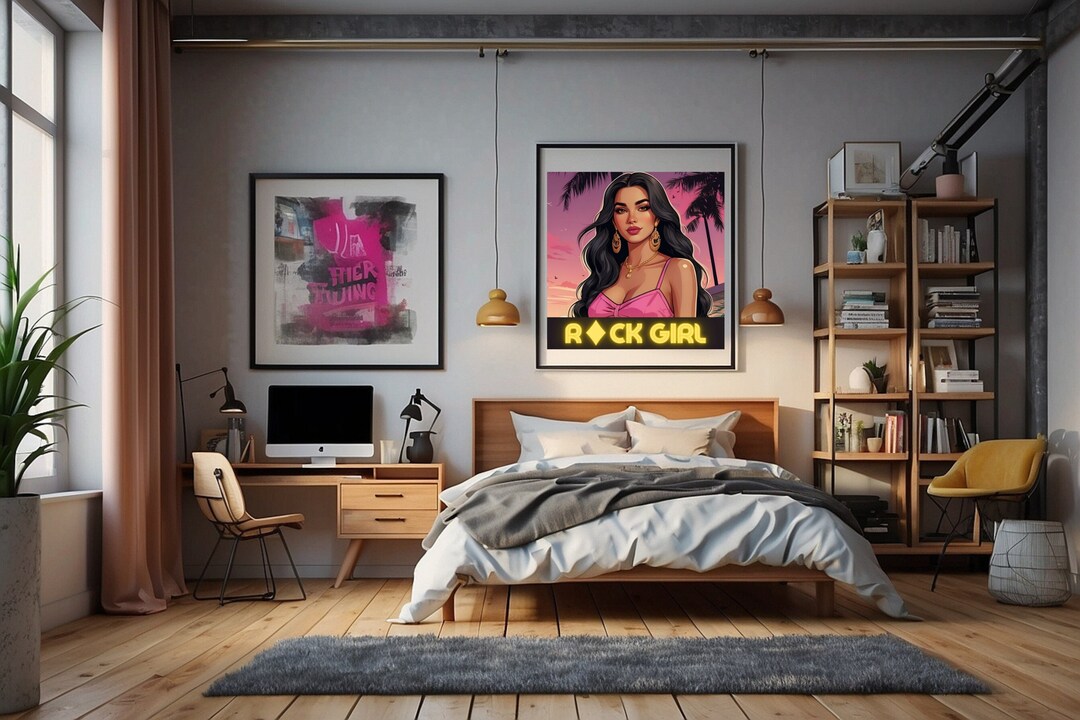 Printable Rock Girl Poster, Cartoon Girl in Miami Poster, Retro Girl ...