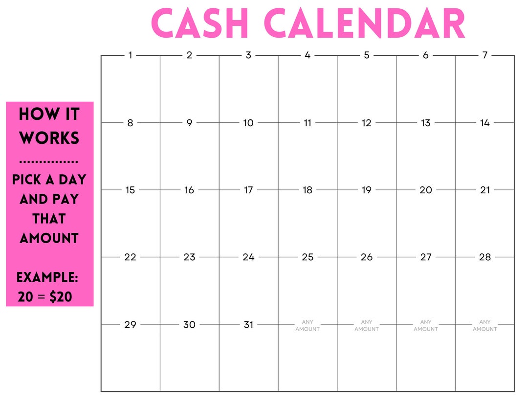 Pink Basic Cash Calendar Fundraiser - Instant Download - Etsy