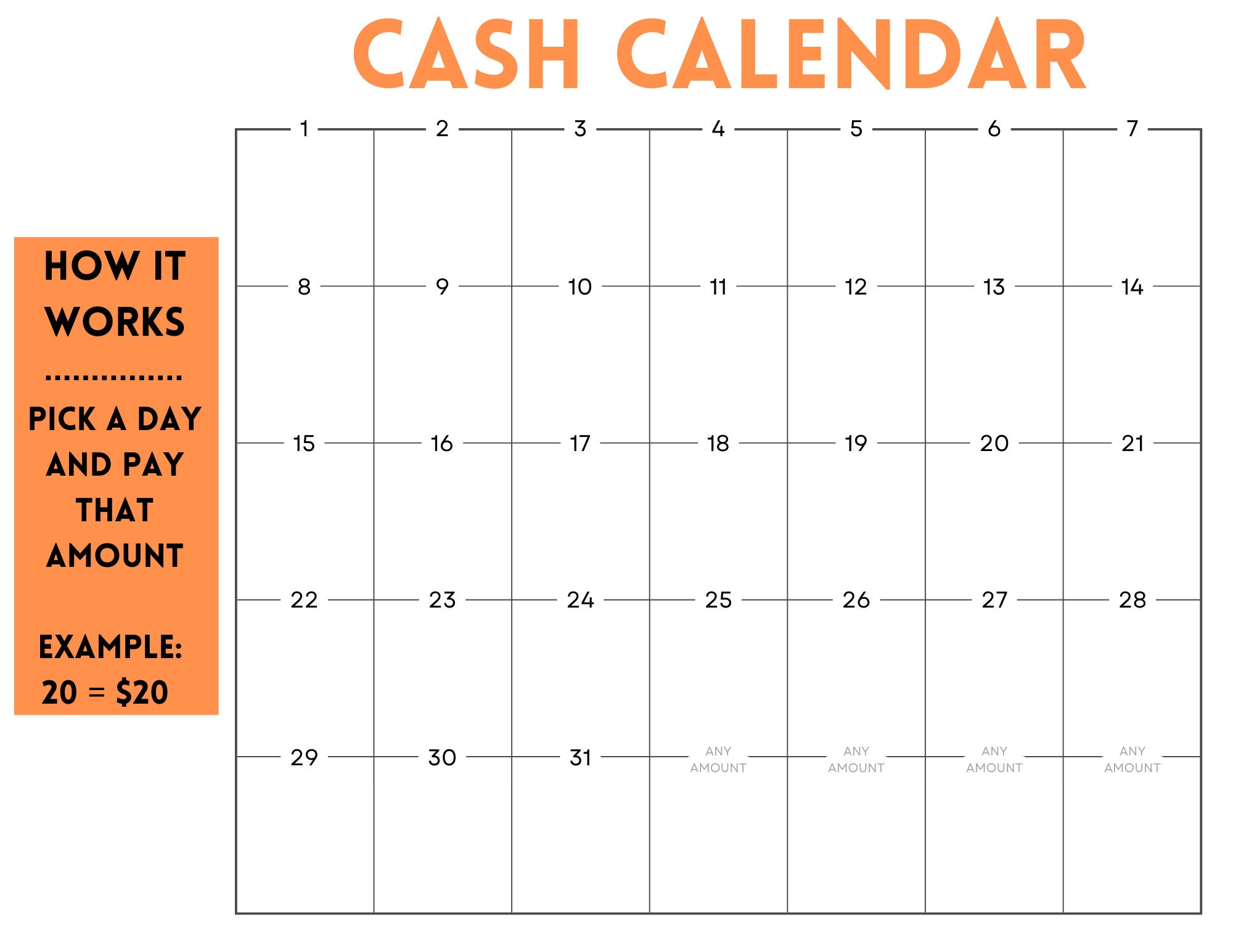 Basic Cash Calendar Fundraiser Instant Download - Etsy