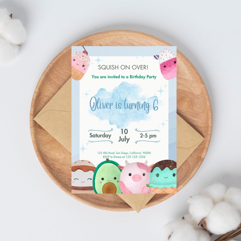 Cute Blue Squishmallow Themed Birthday Invitation, Personalized ...